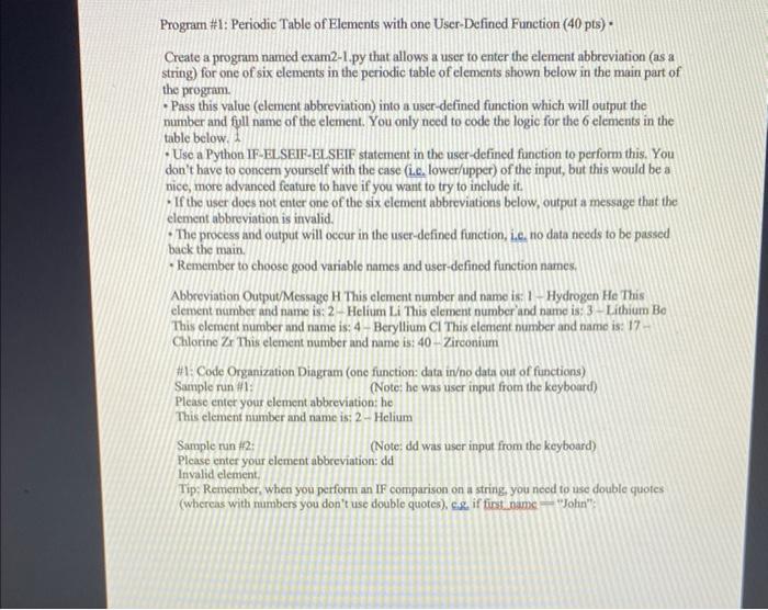 Solved Program #1: Periodic Table of Elements with one | Chegg.com
