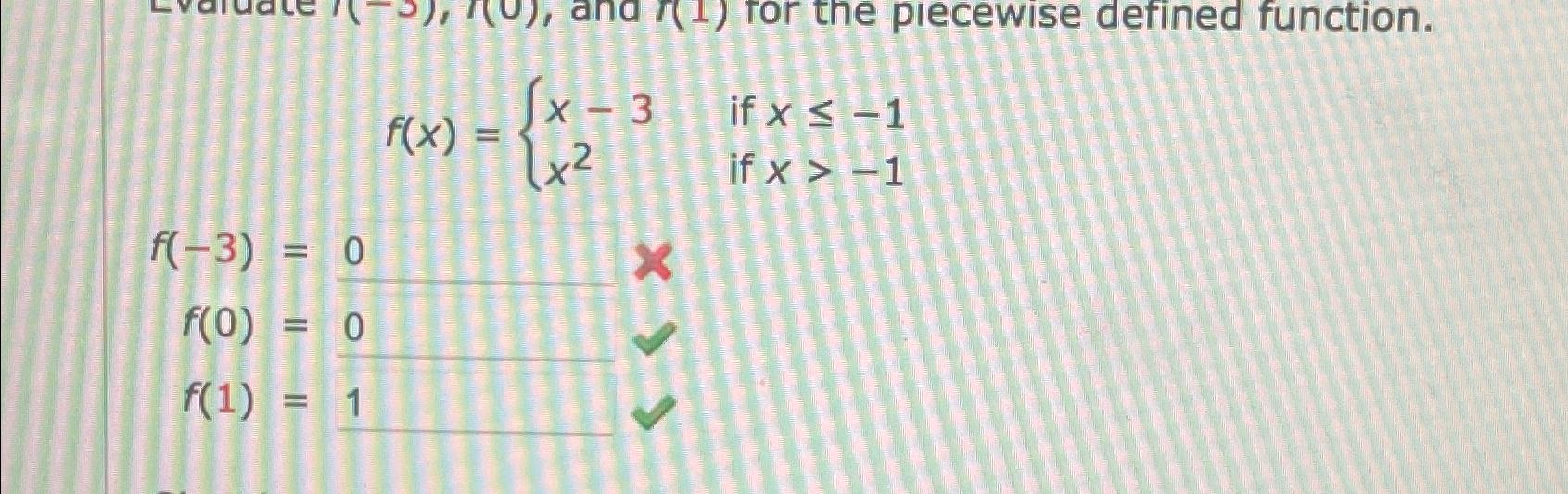 Solved f(x)={x-3 if x≤-1x2 if x>-1f(-3)=f(0)= f(1)= | Chegg.com