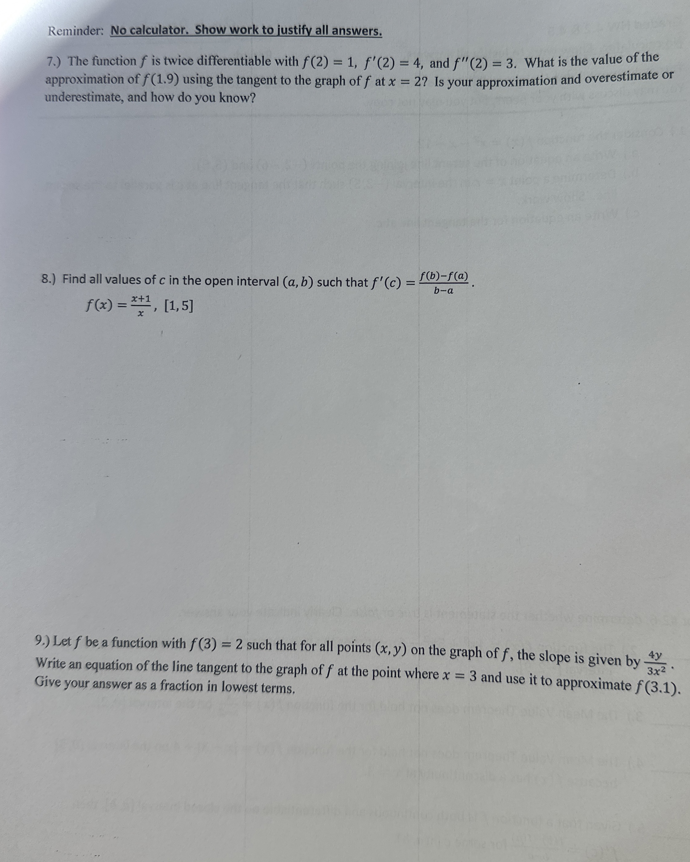 Solved Reminder: No calculator. Show work to justify all | Chegg.com
