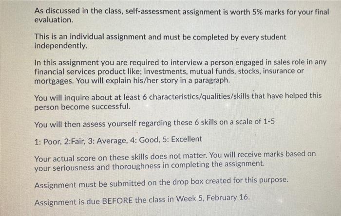 Solved As discussed in the class, self-assessment assignment | Chegg.com