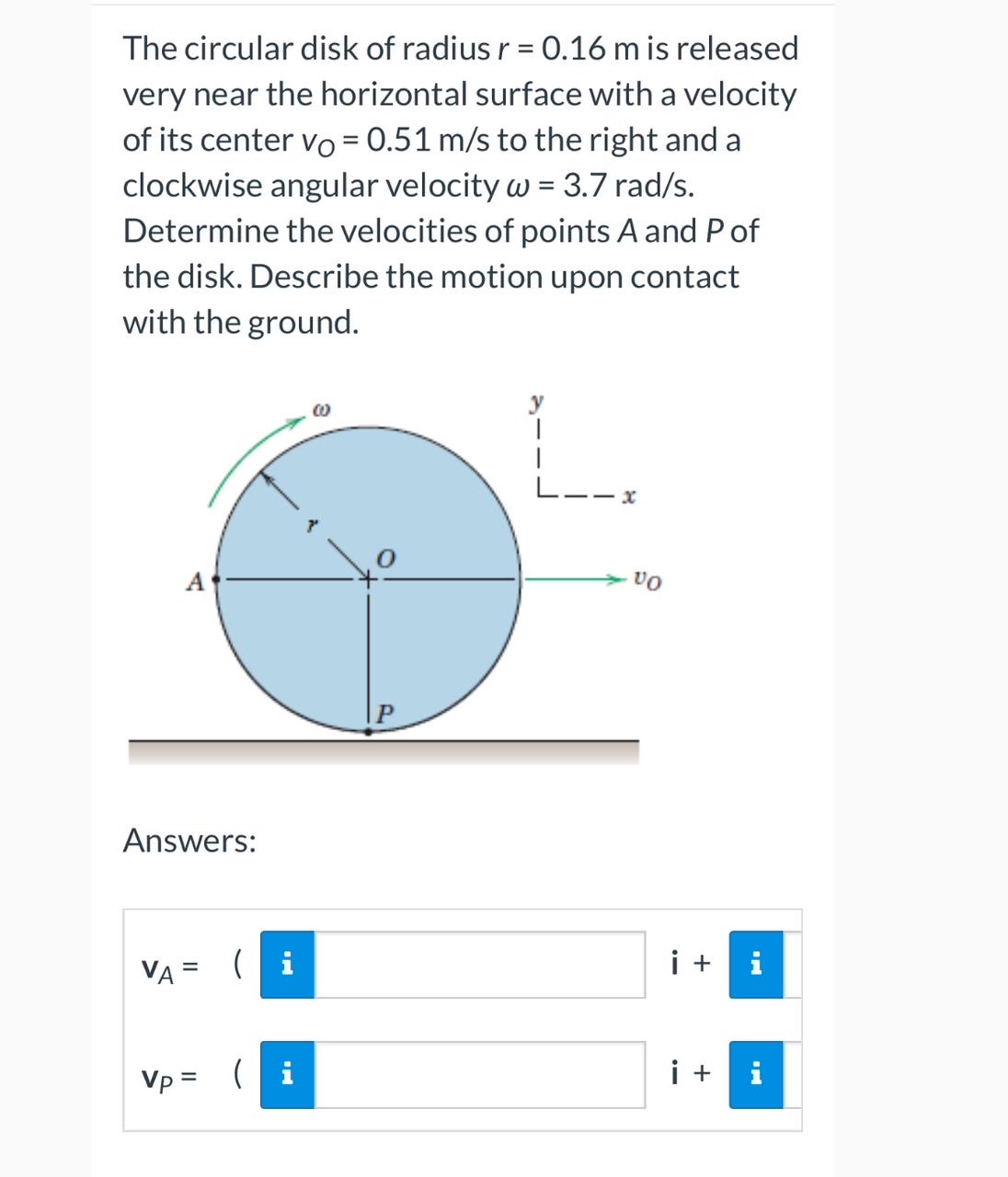Solved The circular disk of radius r=0.16m ﻿is released very | Chegg.com
