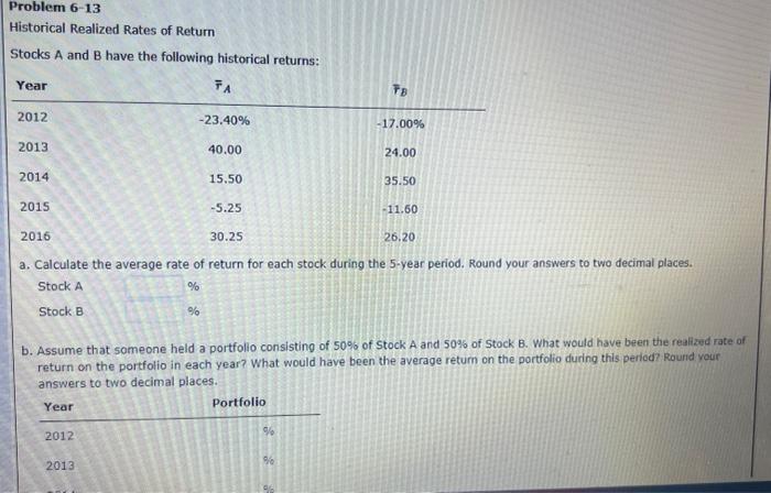 Solved Problem 6-13 Historical Realized Rates of Return | Chegg.com