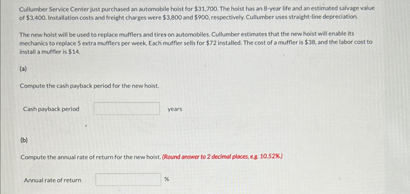 Cullumber Service Center just purchased an automobile | Chegg.com
