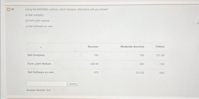Solved Using the MAXiMiN method, which decision alternative | Chegg.com