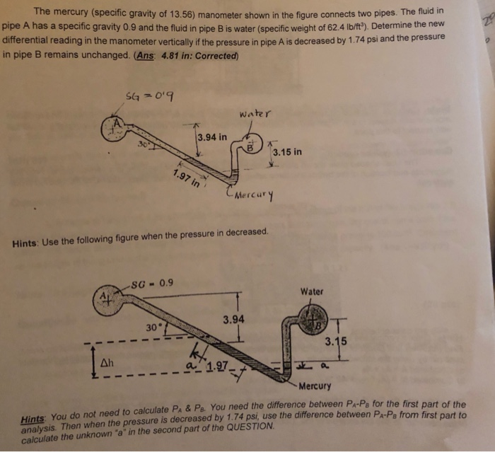 Solved The mercury (specific gravity of 13.56) manometer | Chegg.com