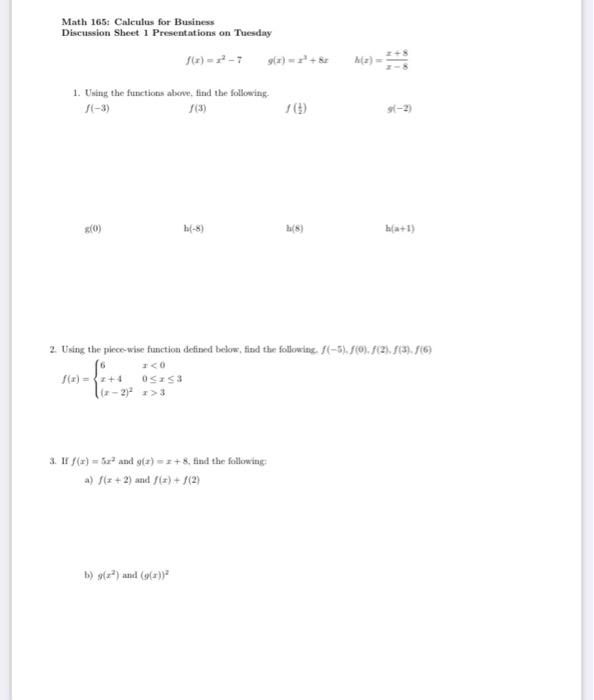 Solved Math 165. Calculus for Business Discussion \$heet 1 | Chegg.com