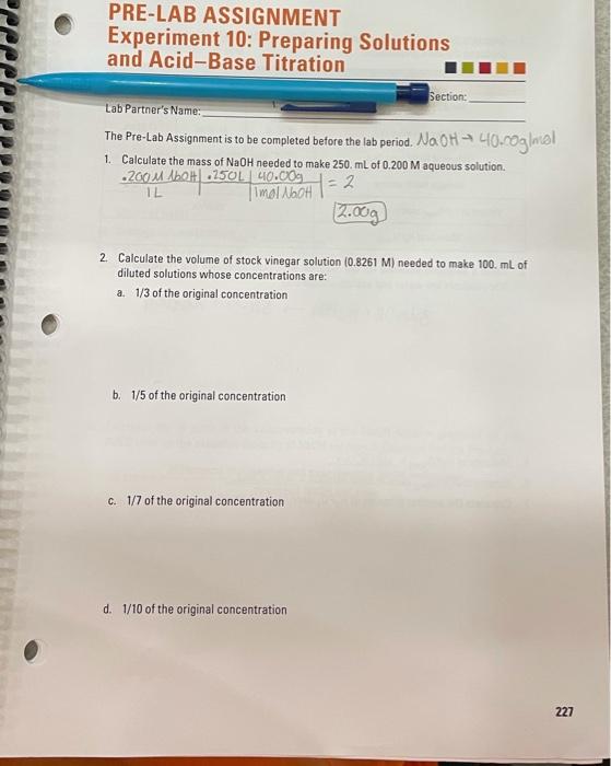 Solved PRE-LAB ASSIGNMENT Experiment 10: Preparing Solutions | Chegg.com