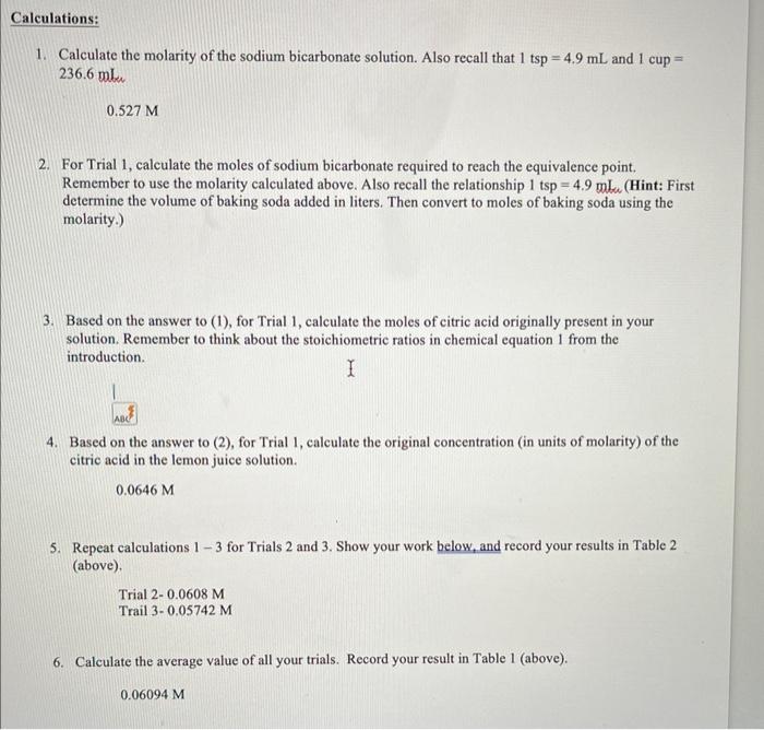 Solved Table 1: Molarity of sodium bicarbonate solution | Chegg.com