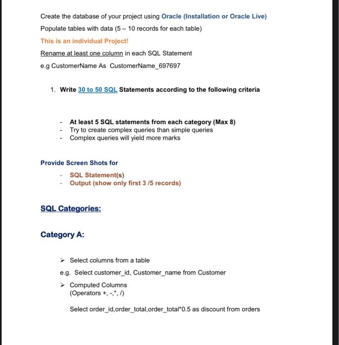 Solved Create The Database Of Your Project Using Oracle 4366