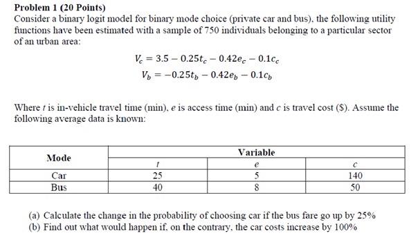 Solved Problem 1 (20 Points) Consider a binary logit model | Chegg.com