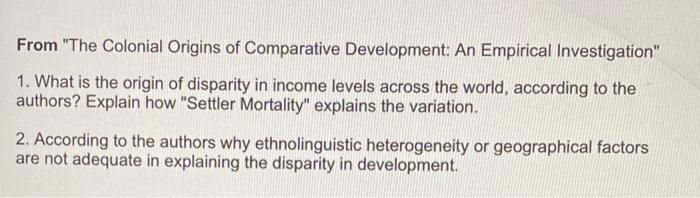 Solved From "The Colonial Origins of Comparative | Chegg.com
