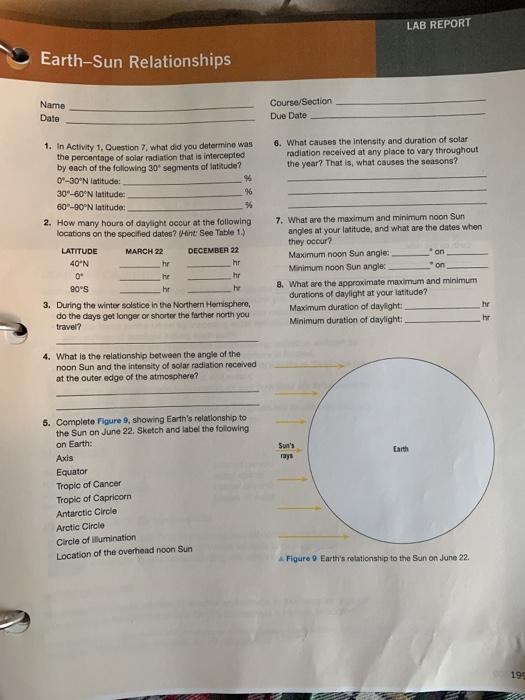 LAB REPORT Earth-Sun Relationships Name Date | Chegg.com
