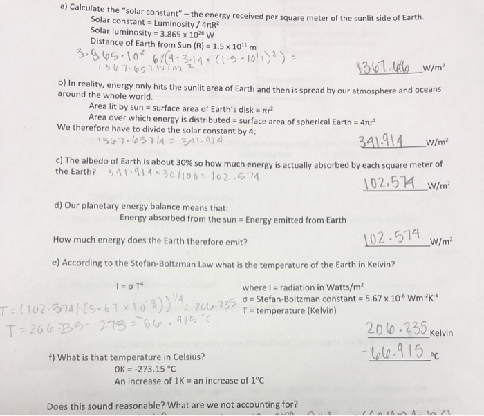 Solved a) Calculate the "solar constant" - the energy | Chegg.com