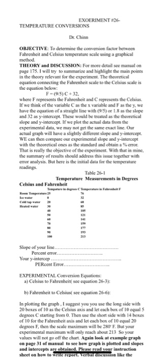 Solved EXOERIMENT #26- TEMPERATURE CONVERSIONS Dr. Chinn | Chegg.com