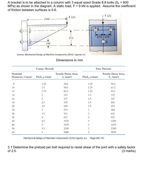 Solved A bracket is to be attached to a column with 3 equal | Chegg.com