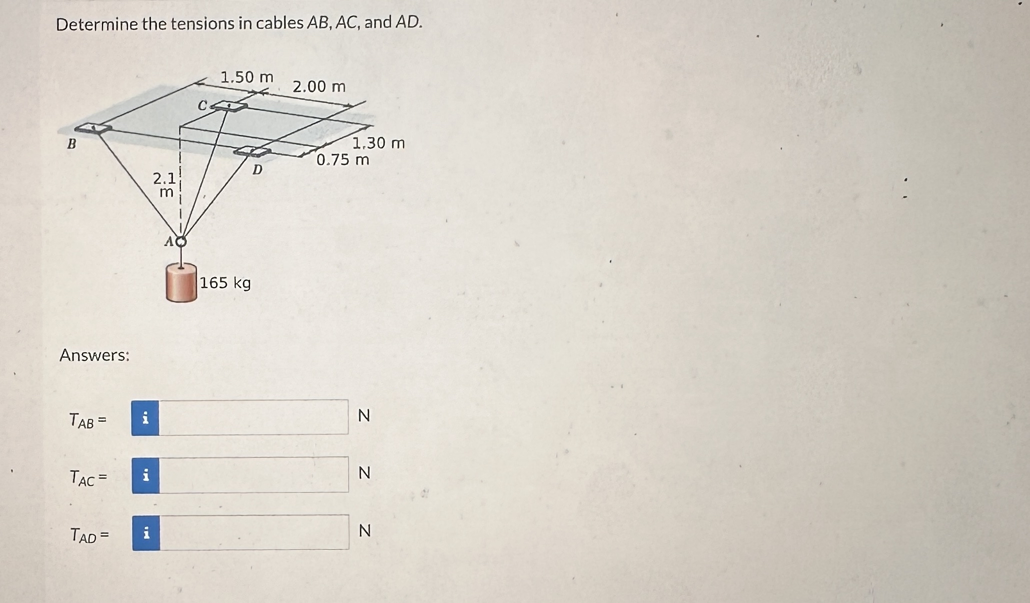 Solved Determine the tensions in cables AB,AC, ﻿and | Chegg.com