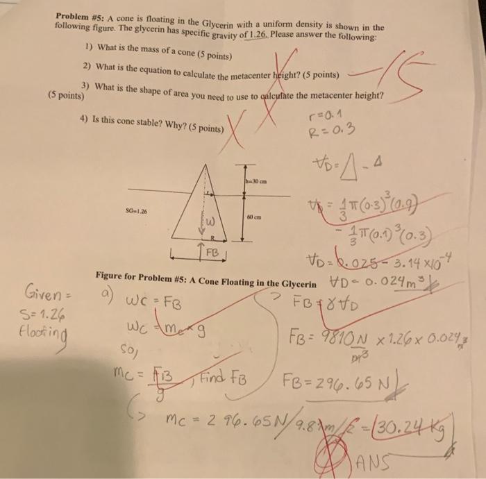 Solved Problem H5: A cone is floating in the Glycerin with a | Chegg.com