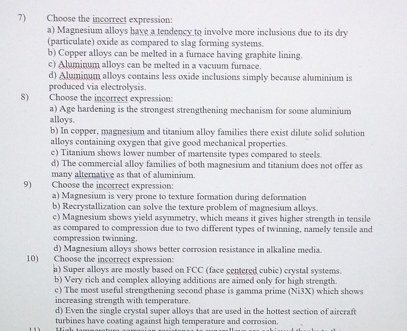 Solved 7) Choose the incorrect expression: a) Magnesium | Chegg.com