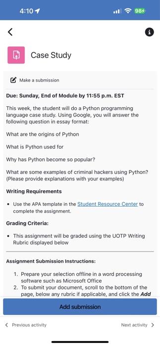 Solved Case Study [. Make a submission Due: Sunday, End of | Chegg.com