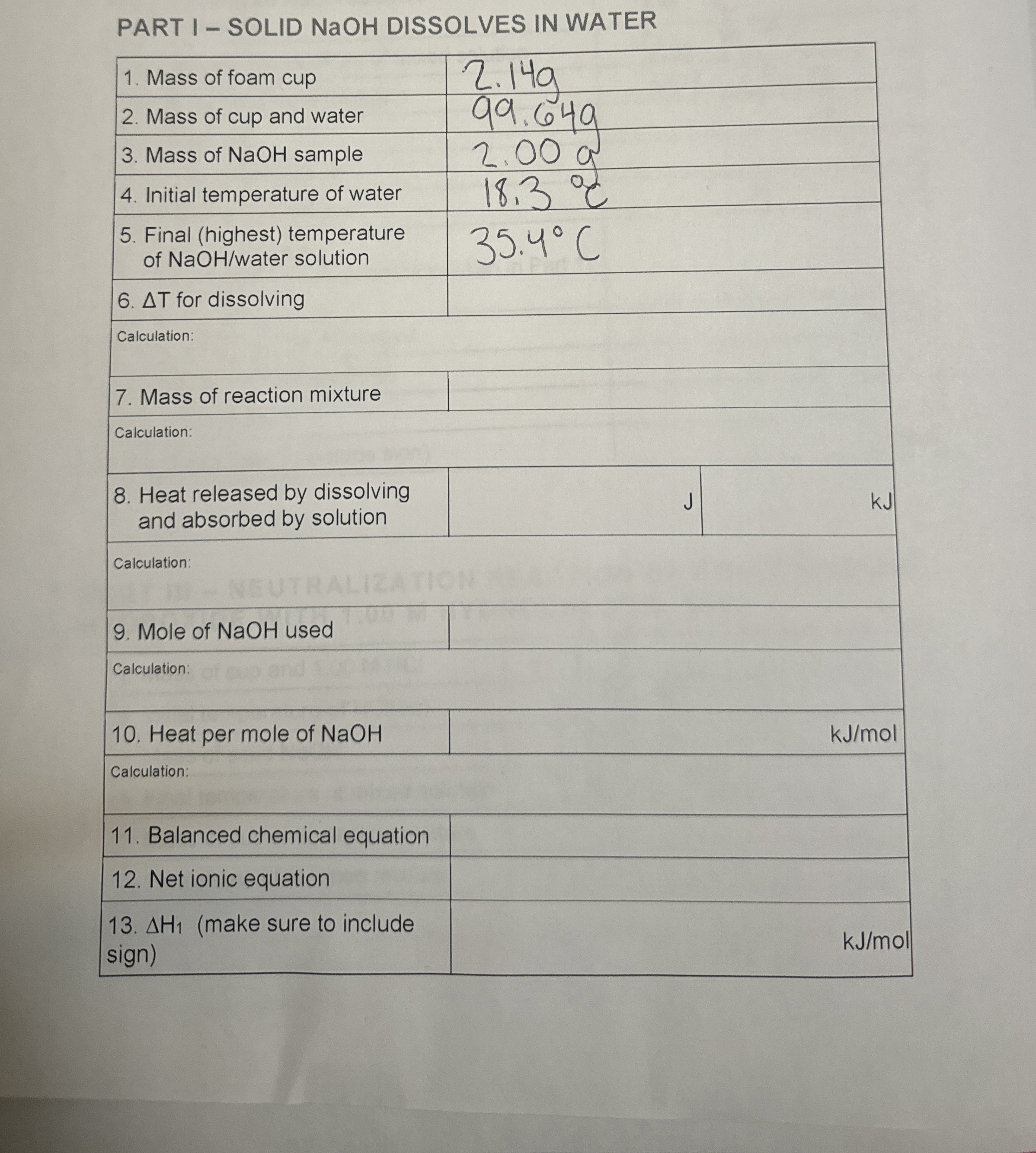 Solved PART I - ﻿SOLID NaOH DISSOLVES IN WATER\table[[1. | Chegg.com