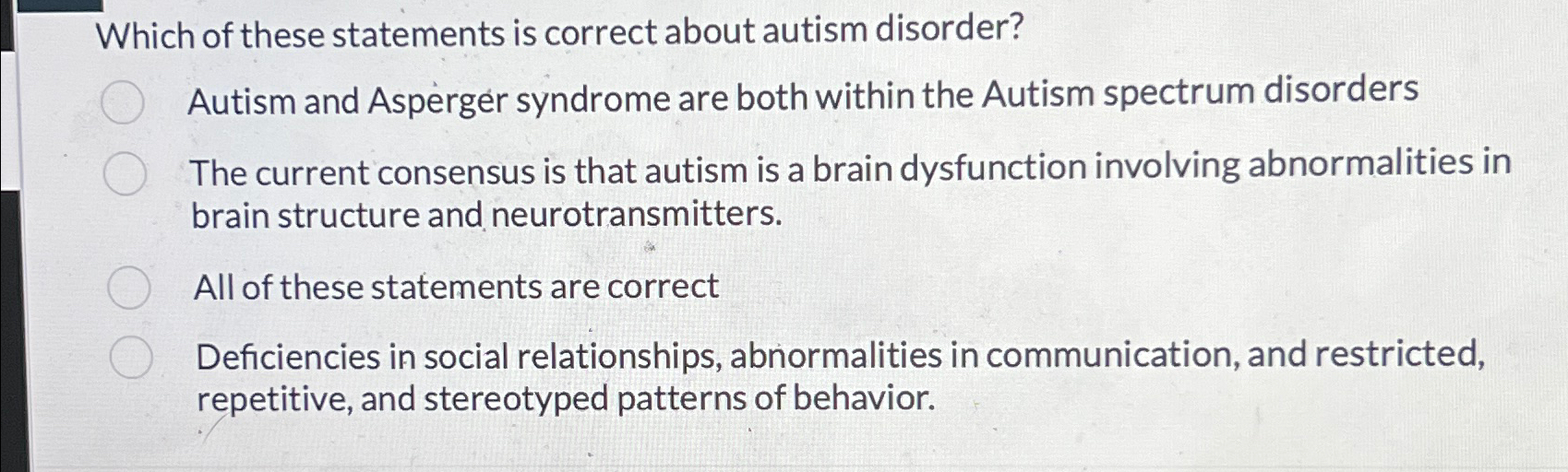 Solved Which of these statements is correct about autism | Chegg.com