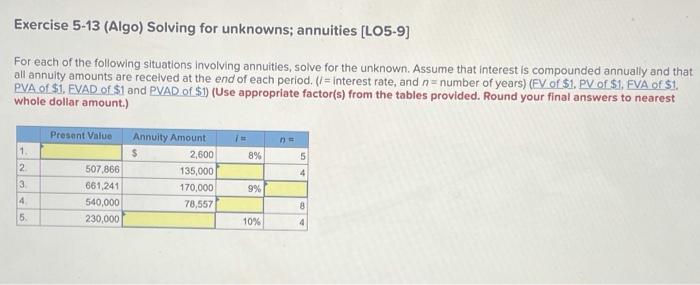 Solved Exercise 5-13 (Algo) Solving for unknowns; annuities | Chegg.com
