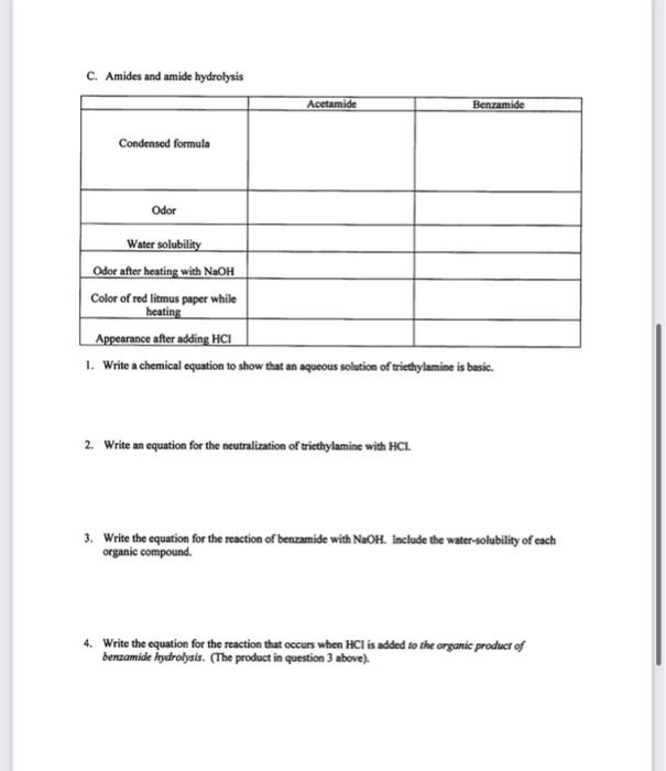 Solved C. Amides and amide hydrolysis Acetamide Benzamide | Chegg.com