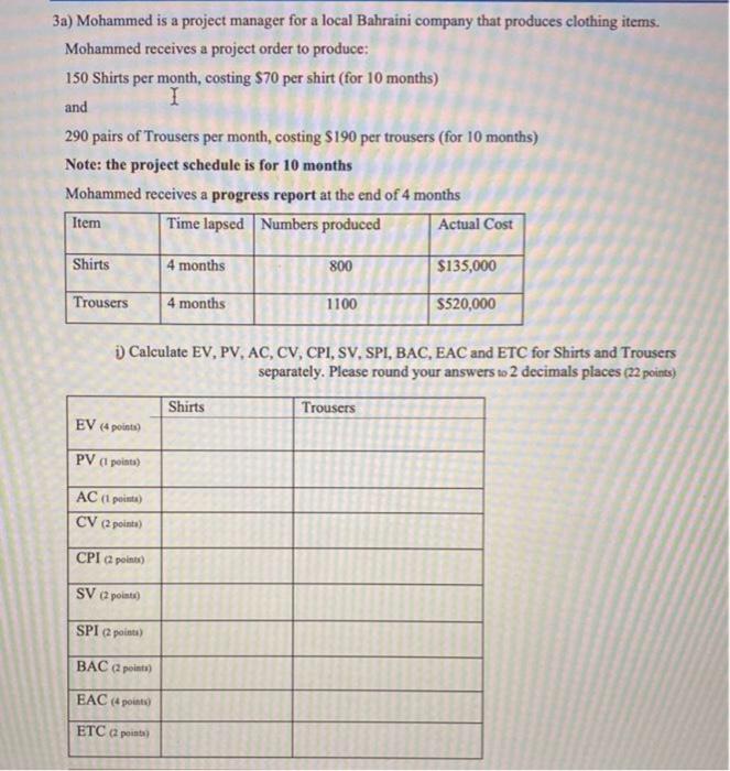 Solved 3a) Mohammed is a project manager for a local | Chegg.com