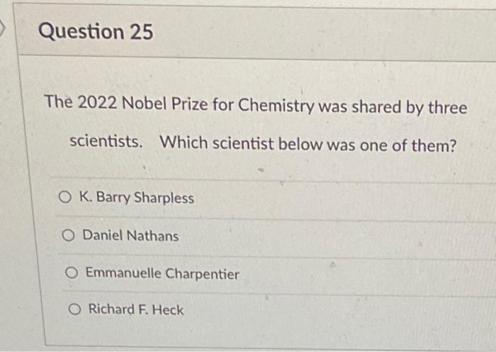 Solved The 2022 Nobel Prize for Chemistry was shared by | Chegg.com