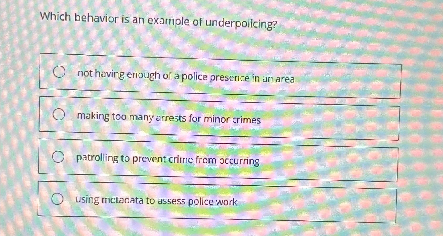 Solved Which behavior is an example of underpolicing?not | Chegg.com