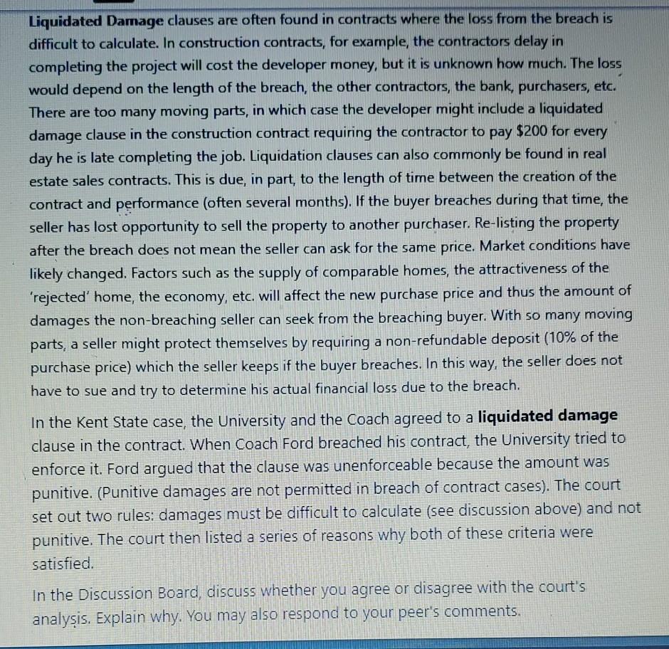Solved Liquidated Damage clauses are often found in | Chegg.com