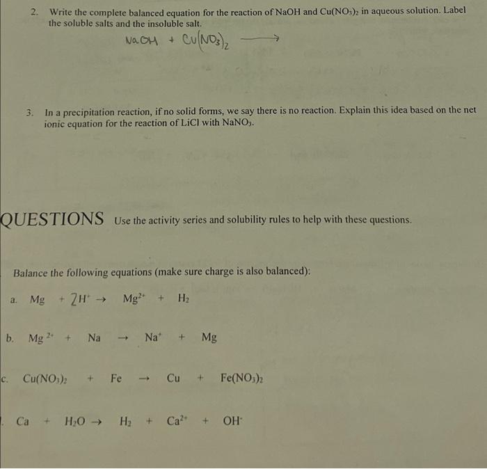 Solved 2. Write the complete balanced equation for the | Chegg.com