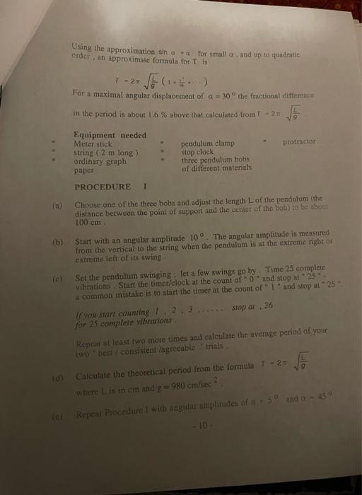 Solved Experiment 2 THE SIMPLE PENDULUM Object: To | Chegg.com