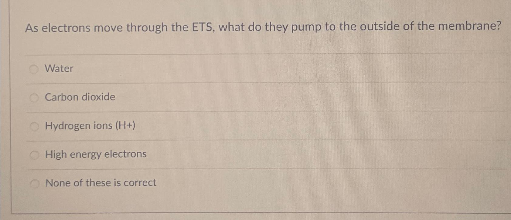 Solved As electrons move through the ETS, what do they pump | Chegg.com