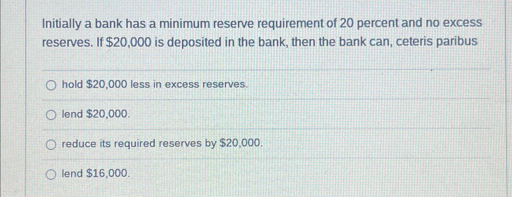 Solved Initially a bank has a minimum reserve requirement of | Chegg.com