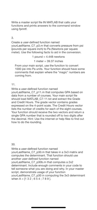 Solved Write a master script file IN MATLAB that calls your | Chegg.com