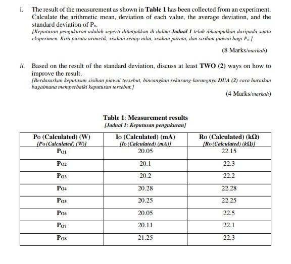 Solved i. The result of the measurement as shown in Table 1 | Chegg.com