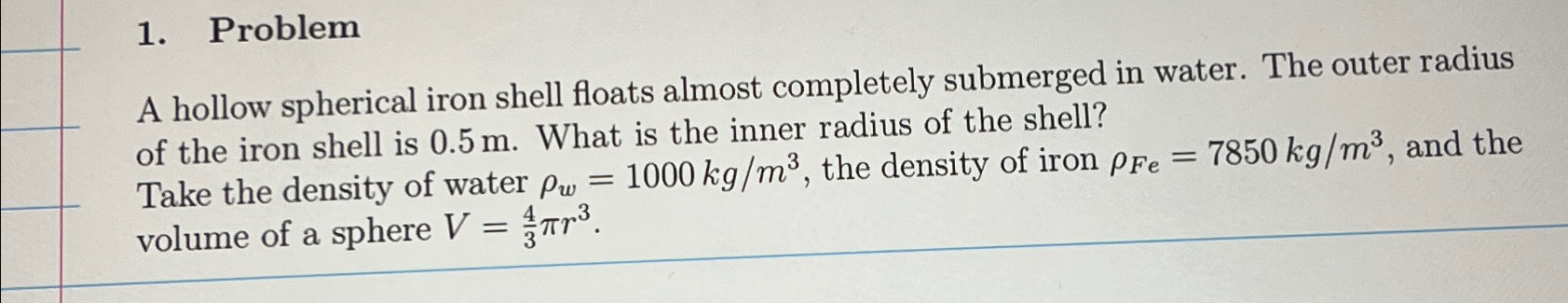 Solved ProblemA hollow spherical iron shell floats almost | Chegg.com