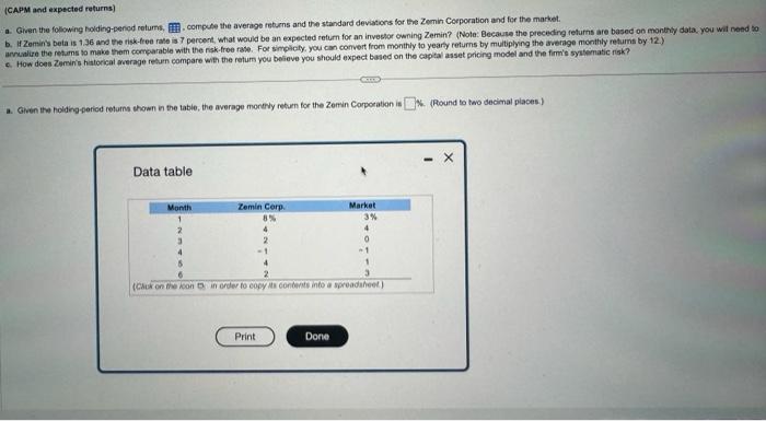 Solved (CAPM and expected returns) a. Given the following | Chegg.com