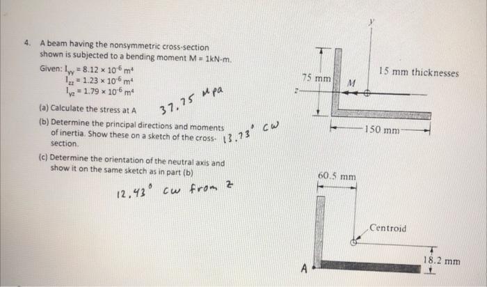 Solved 4. A beam having the nonsymmetric cross'section shown | Chegg.com