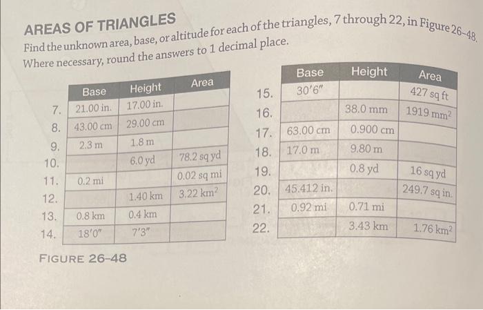 Solved AREAS OF TRIANGLES Find the unknown area, base, or | Chegg.com