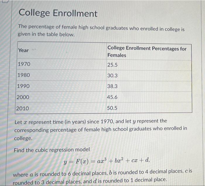 Solved College Enrollment The percentage of female high | Chegg.com