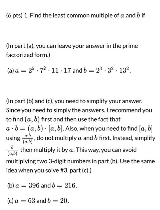 Solved (6 pts) 1. Find the least common multiple of a and b | Chegg.com