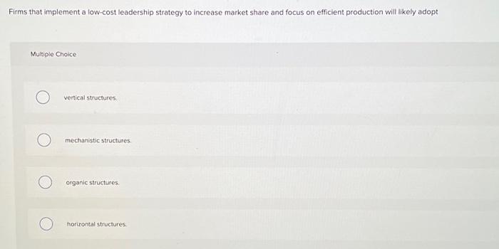 Solved Firms that implement a low-cost leadership strategy | Chegg.com