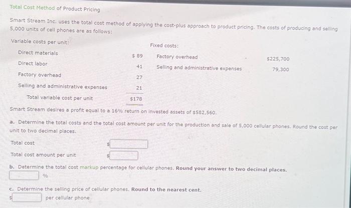 Solved Total Cost Method of Product Pricing Smart Stream | Chegg.com