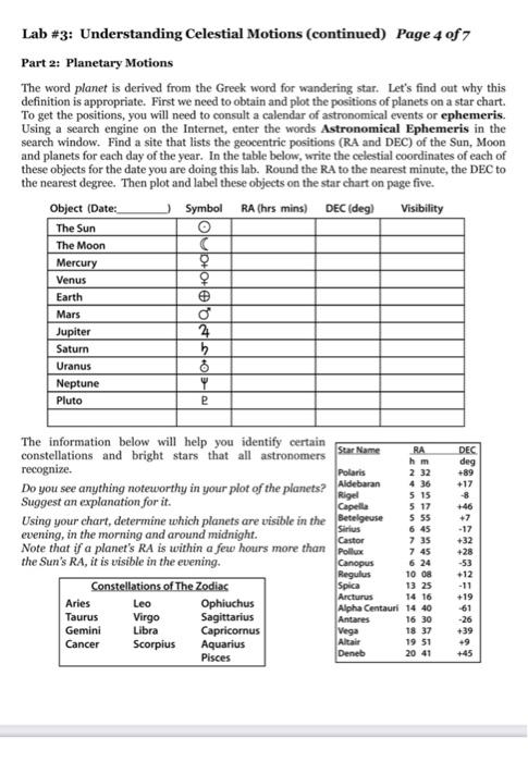 Lab #3 understanding celestial motions planetary | Chegg.com