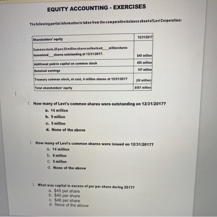 Solved EQUITY ACCOUNTING - EXERCISES The following partial | Chegg.com