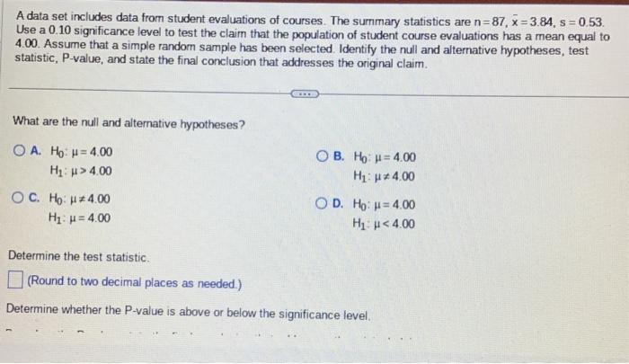 Solved A data set includes data from student evaluations of | Chegg.com