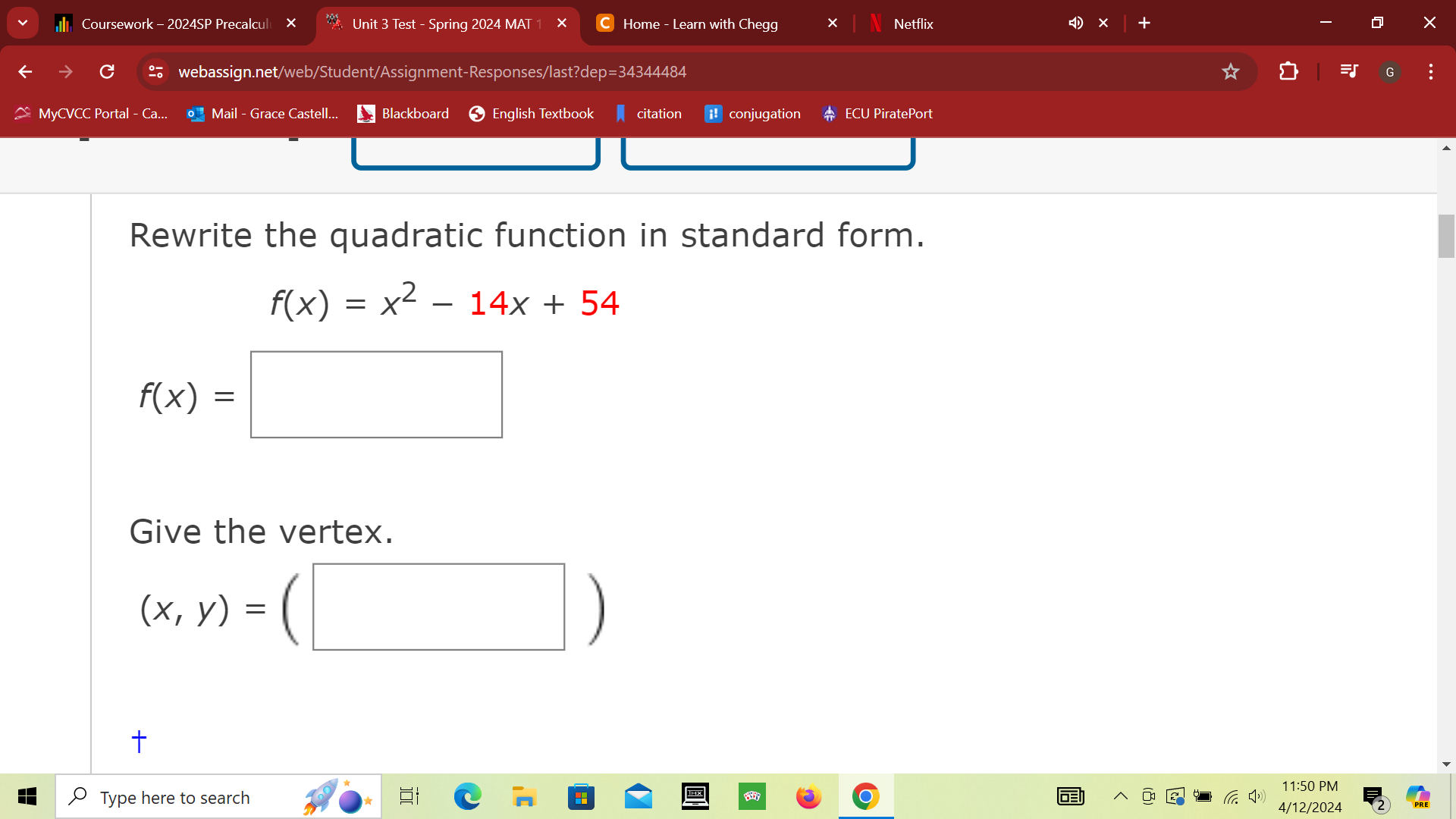 Solved Rewrite the quadratic function in standard | Chegg.com