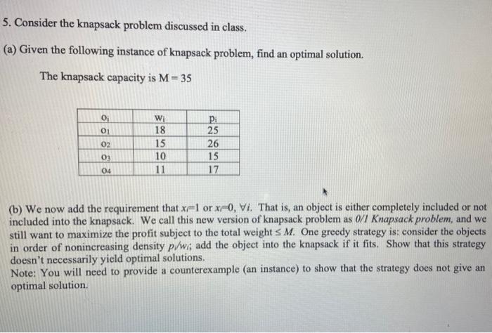 Solved 5 Consider The Knapsack Problem Discussed In Class